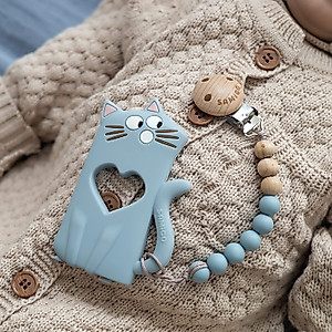 SAMiGO Baby Teething Toys Silicone Teether for Babies 0-6 and 6-12 Months Baby Chew Toys for Infant Boys and Girls - Blue Cat