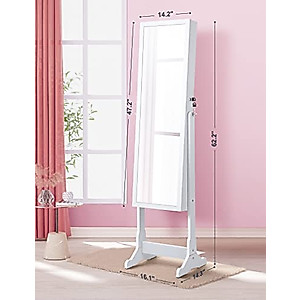 Nicetree Touch Screen LED Jewelry Organizer, Freestanding Full Length Mirror Jewelry Cabinet, Standing Mirror with Jewelry Storage, 2 Drawers, Foldable Makeup Shelf，White