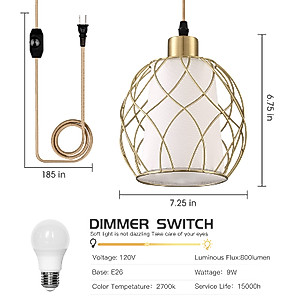 Ruzectt Plug in Pendant Light,Hanging Light with Plug in Cord,Gold Hanging Lamp with Dimmable Switch,15 ft Golden Cotton Cord,Hanging Light Fixture for Kitchen Living Room Bedroom (Bulb Included)