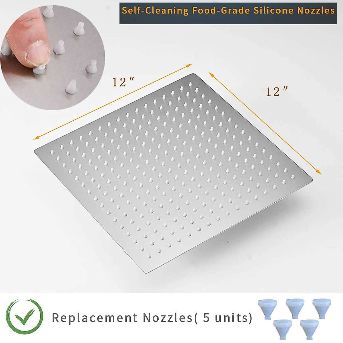 BESy 12 Inch Rain Shower Head, 12" Square Rainfall & High Pressure Stainless Steel Bath Showerhead, 20 Inches Straight Extended Shower Arm With Flange, Rain Shower Head Extension Arm Brushed NIckel