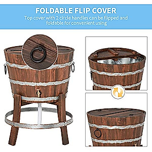Outsunny 13 Gallons Retro Style Wooden Cooler Ice Bucket with Support Frame, Foldable Flip Cover, and Drain Faucet