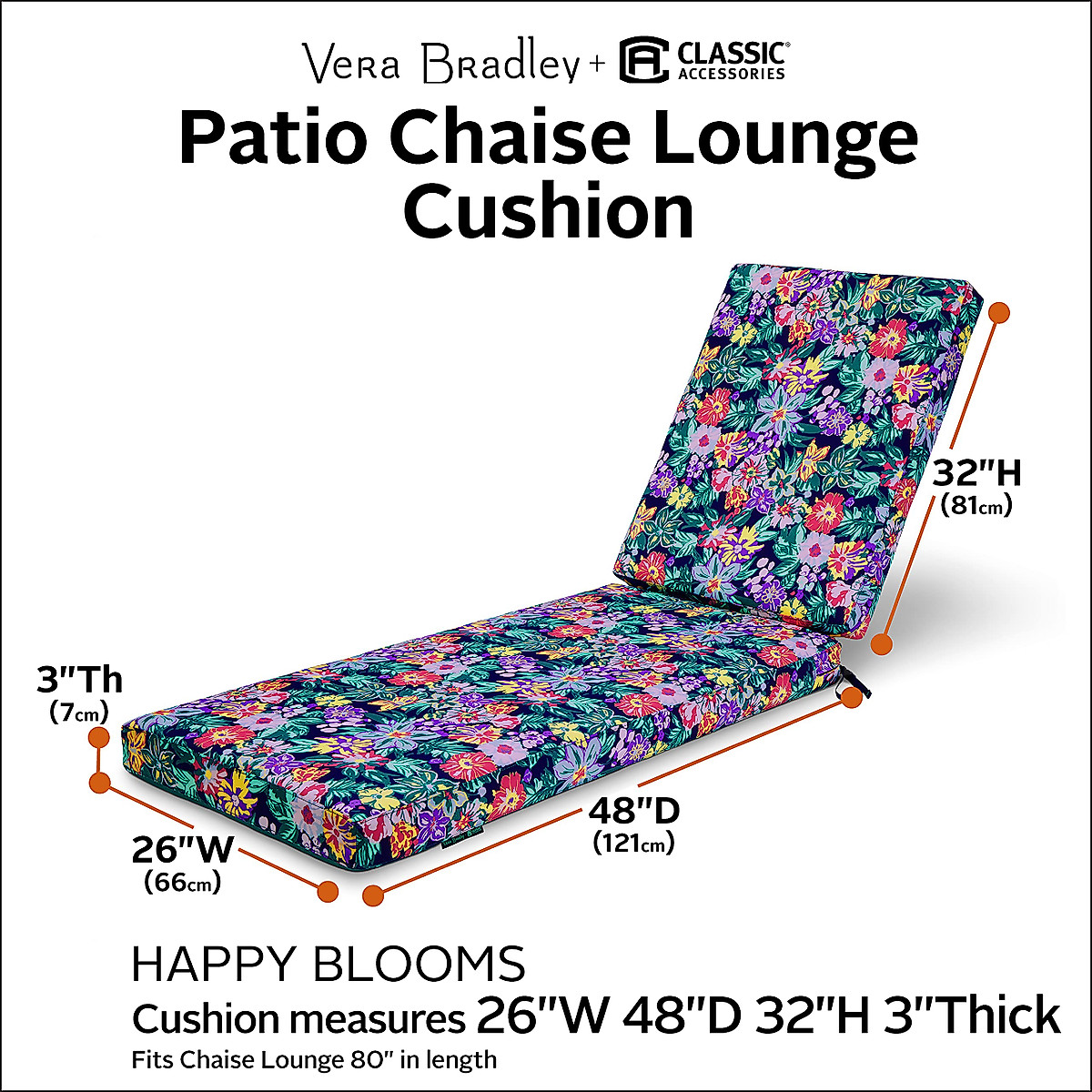 Classic Accessories for Vera Bradley Water-Resistant Patio Chaise Lounge Cushion, 26 x 48 x 32 x 3 Inch, Happy Blooms