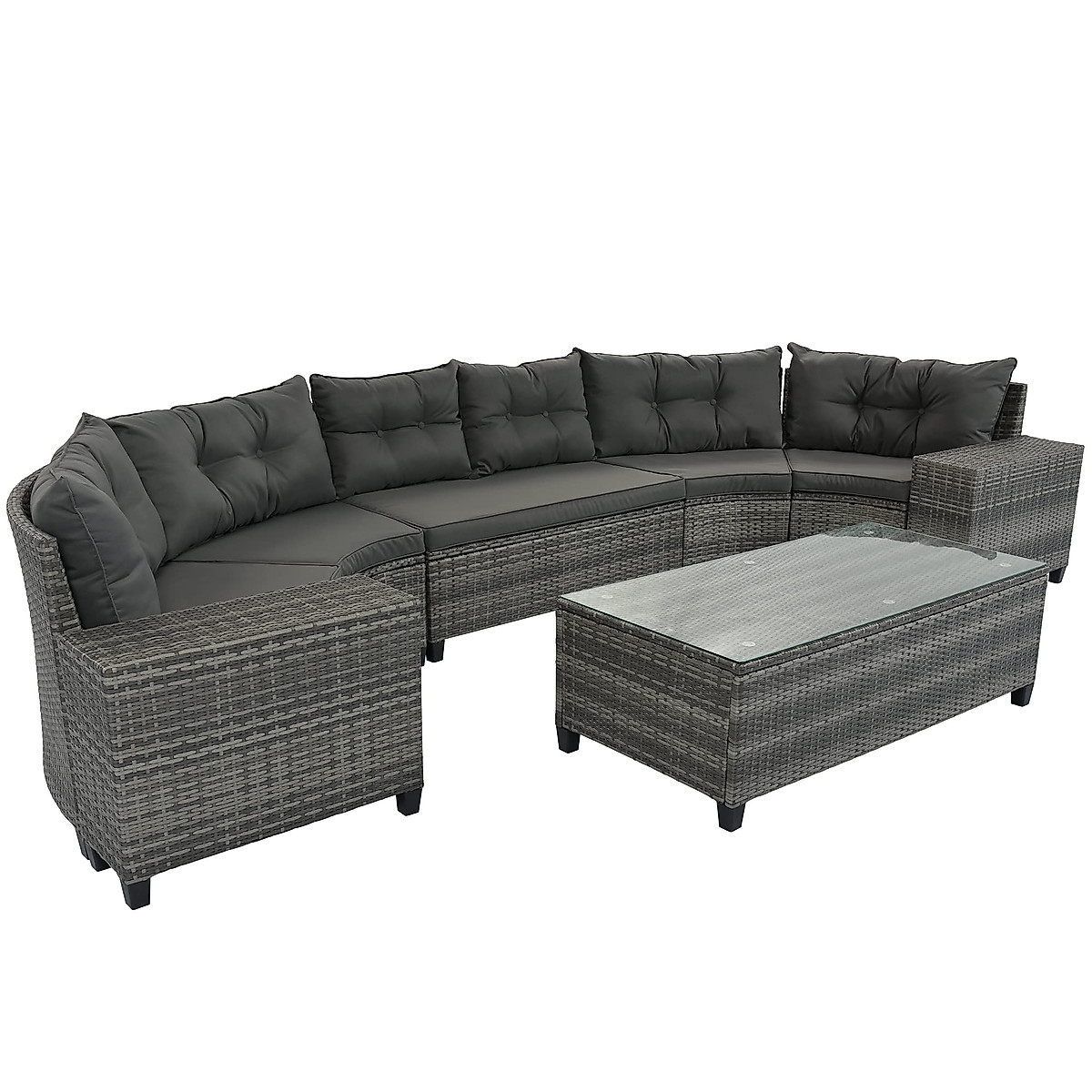 8-Pieces Outdoor Wicker Half-Moon Sectional Sofa Set, All-Weather PE Rattan Wicker Furniture Set with Rectangular Coffee Table and Movable Cushion, Best for Business Conversations (Gray/8-piece*H)