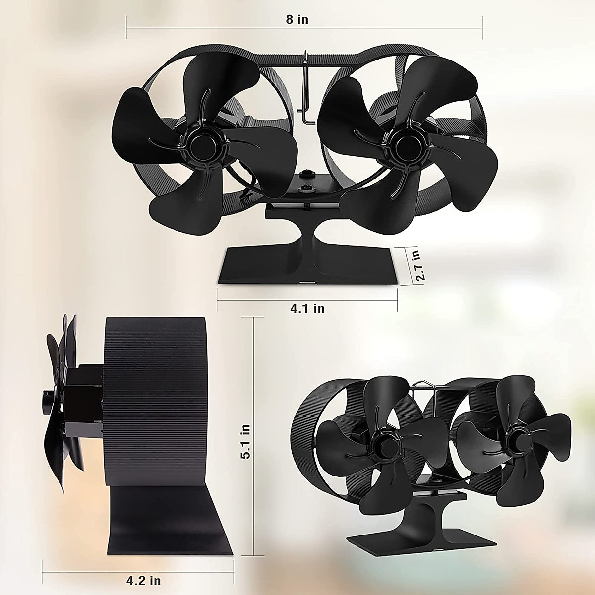 YINXN Wood Stove Fan, 8 Blades Stove Fan, Non Electric Dual Fan for Heater, Circulating Warm Air Saving Fuel Efficiently Heat Powered Stove Top Fans for Gas/Pellet/Wood/Log Burner Stove