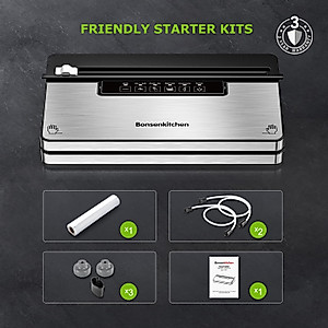 Bonsenkitchen Vacuum Sealer Machine, Powerful Food Sealer with 5 Modes, Built-in Cutter & Bag Storage,Globefish Technology for High-Speed Continuous Working, Include 1 Bag Roll, Stainless Steel
