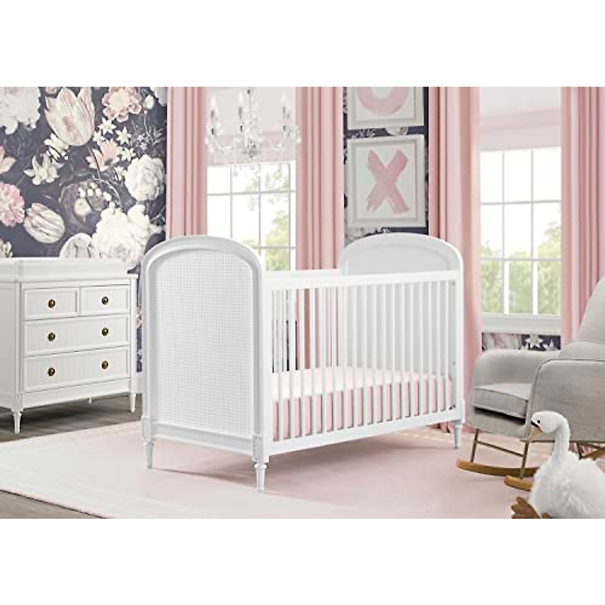 Delta Children Madeline Crib 8-Piece Baby Nursery Furniture Set–Includes: Convertible Crib, Glider, Dresser, Changing Top, Crib Mattress, Sheets, Toddler Guardrail & Changing Pad, Bianca White