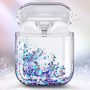 E-Began Glitter Liquid Case Designed for Airpods, Sparkle Flowing Floating Durable Girls Cute Clear Hard Cover Carrying Case Compatiable with Apple AirPods 1st/2nd -Purple/Blue