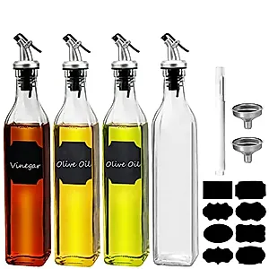 WERTIOO Oil Dispenser Bottle 4 Pack 17 OZ Glass Olive Oil and Vinegar Dispenser Set Oil Container with Funnel & Pen and Tag for Kitchen