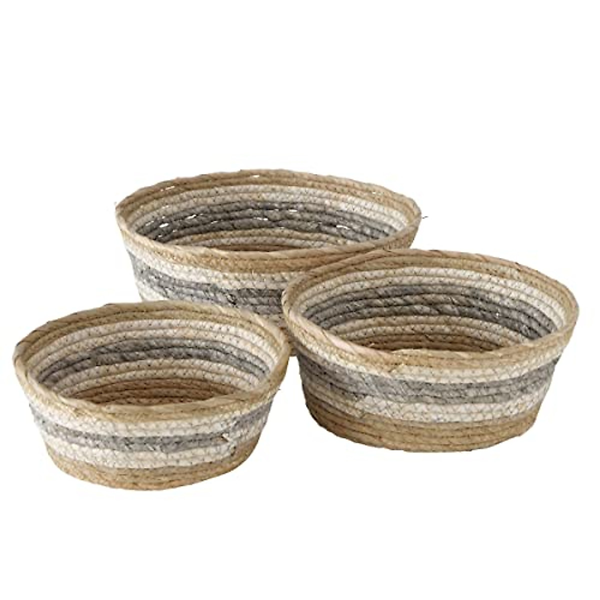 Coastal Grey Stripes 3 Piece Basket Set, Shelf Organizers, Corn Husk Wicker, Chunky Rope Weave, Stitched, Diameter 9.75 Inches