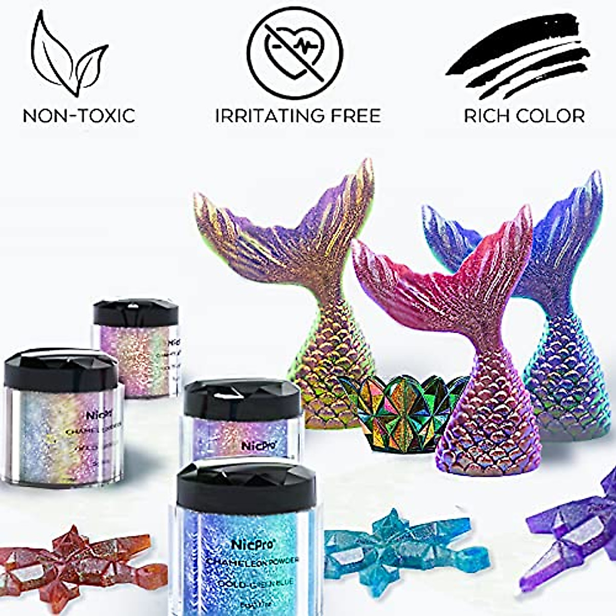 Nicpro 8 Color Chameleon Powder Pigment Set, Updated Mica Powder for Epoxy Resin, Soap Making, Candle Making, Bath Bombs, Slime, Flakes Eyeshadow, Nail Art, Christmas Makeup (0.17 oz/jar)