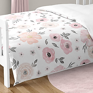 Sweet Jojo Designs Blush Pink, Grey and White Shabby Chic Watercolor Floral Girl Toddler Kid Childrens Bedding Set 5 Pieces Comforter, Sham and Sheets - Rose Flower Polka Dot