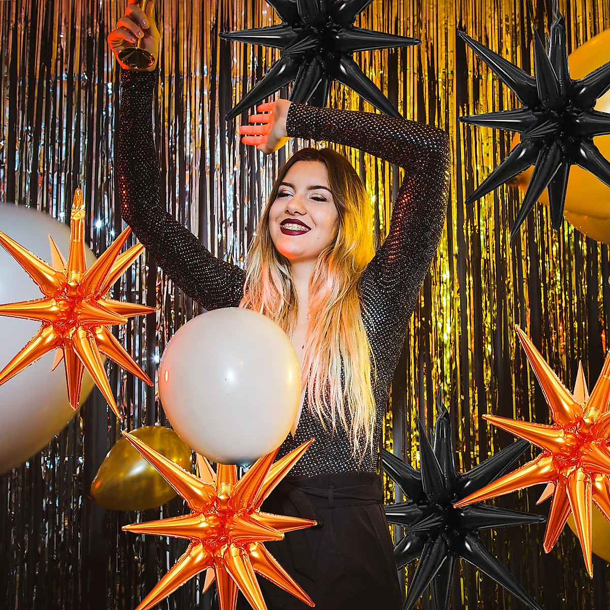 6 Pieces 27 Inches Black Orange Explosion Balloons, Large 14-Pointed One-Piece Cone Stars Fireworks Aluminum Foil Balloons for Halloween Birthday Graduation Backdrop Party Decorations