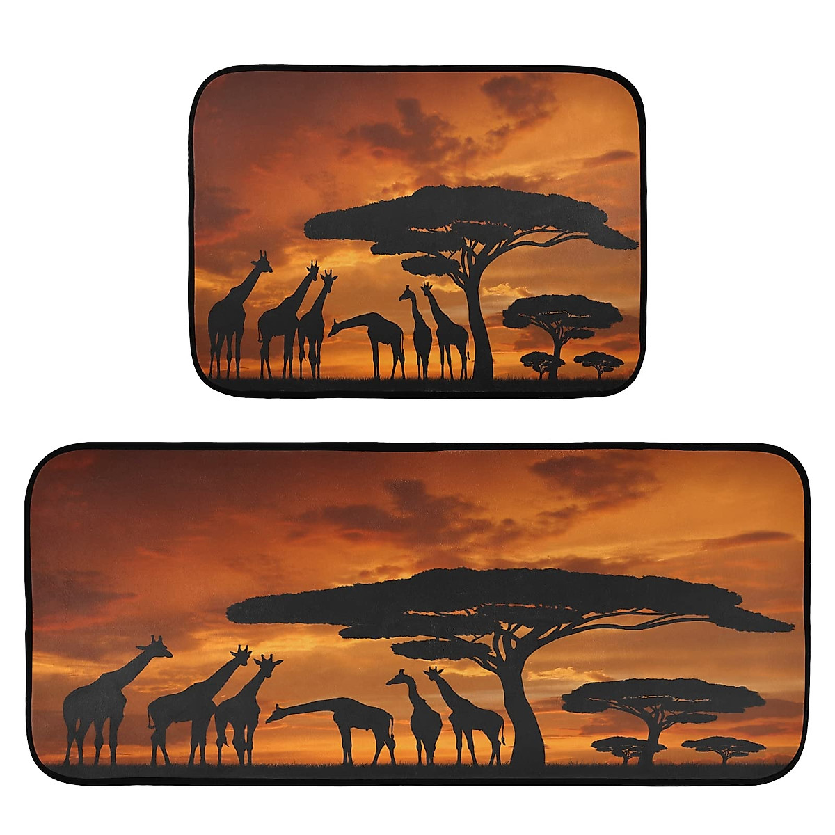 ALAZA Giraffe Sunrise African 2 Piece Kitchen Rug Floor Mat Set Runner Rugs Non-Slip for Kitchen Laundry Office 20" x 28" + 20" x 48"
