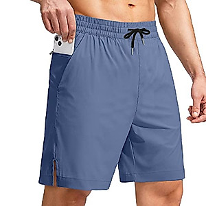 Male Summer Solid Color Zipper Pockets Striped Pants Pocket Drawstring Loose Casual Sports Running Pt Shorts (1-Navy, L)