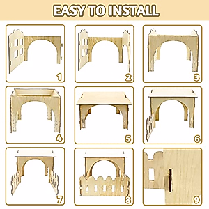 Fhiny Wooden Rabbit Castle Hideout with Fence, Small Animal Rest and Play House Hideaway with Window Detachable Rabbit Bed Hut Bunny Castle for Indoor Chinchilla Guinea Pig Hedgehog