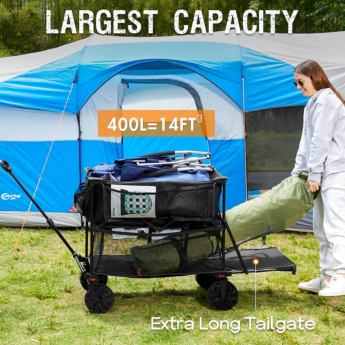 PORTAL 400L Collapsible Double Decker Wagon, Folding Wagon Cart with Tailgate, Beach Wagon with Big Wheels, 450LB Heavy Duty Foldable Wagon, Large Capacity Wagon for Camping, Sports, Garden, Baseball
