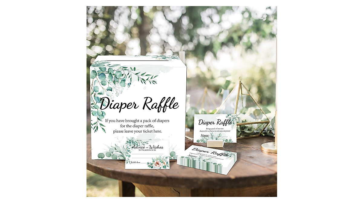 Greenery Diaper Raffle Box & 50 Tickets - Baby Shower Game