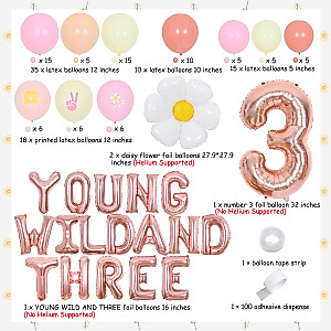 JOYMEMO Groovy 3rd Birthday Party Decorations, Young Wild and Three Daisy Flower Balloons Garland Kit, Groovy Retro Boho Girls Third Birthday Party Supplies