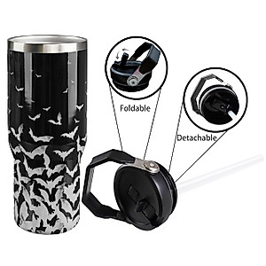 HOWSEESNOW 30oz Halloween Tumbler with Handle and Straw, Bat Insulated Leak Proof Cup, Black Goth Travel Coffee Mug, Reusable Stainless Steel Witch Tumbler, Halloween Gifts for Women