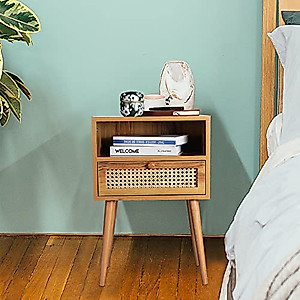 Rattan Nightstand Bedside Tables, Modern Wood Side Table Small End Table for Bedroom Living Room with Long Solid Wood Legs Drawer and Open Shelf