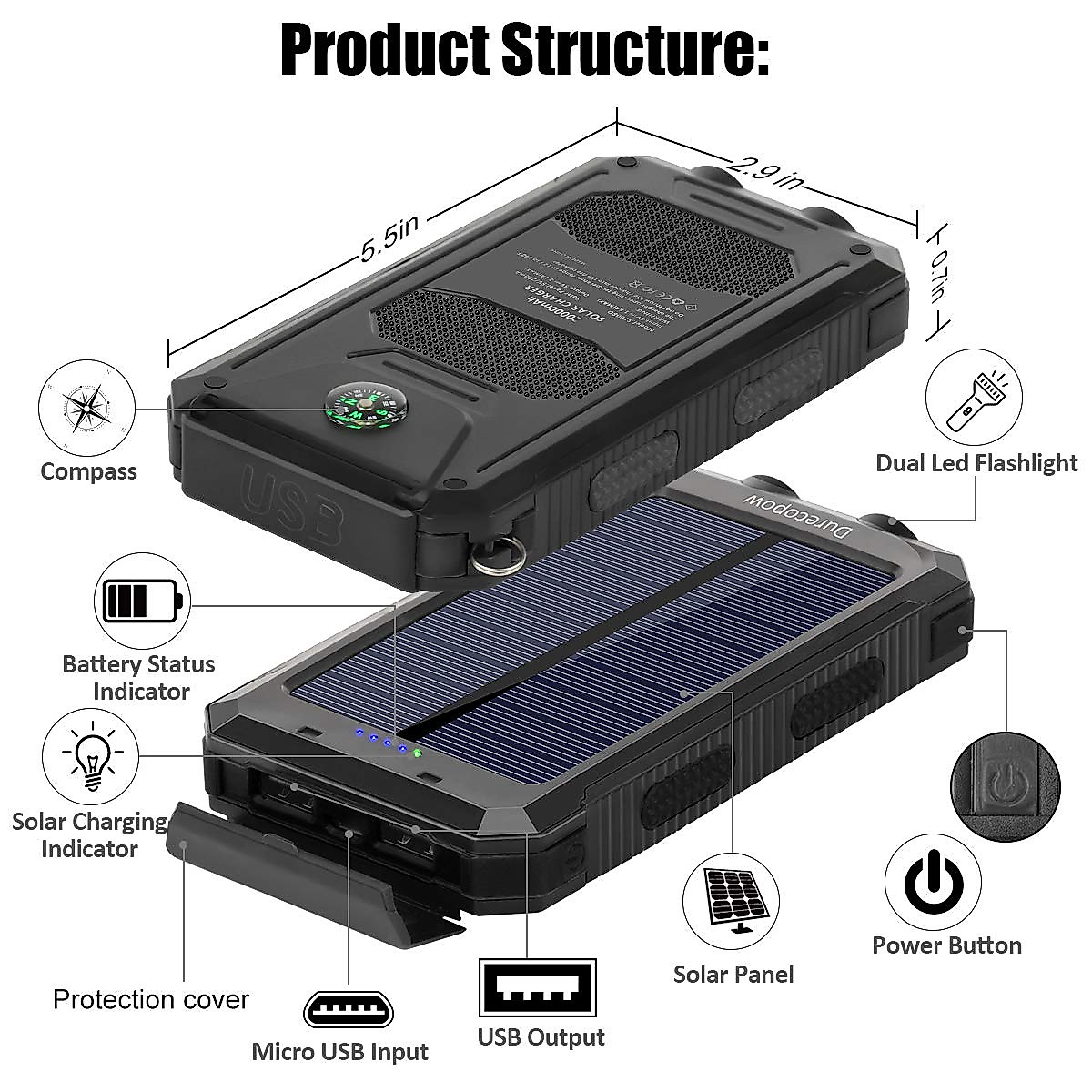 Solar Charger, 20000mAh Portable Outdoor Waterproof Solar Power Bank, Camping External Backup Battery Pack Dual 5V USB Ports Output, 2 Led Light Flashlight with Compass (Black)