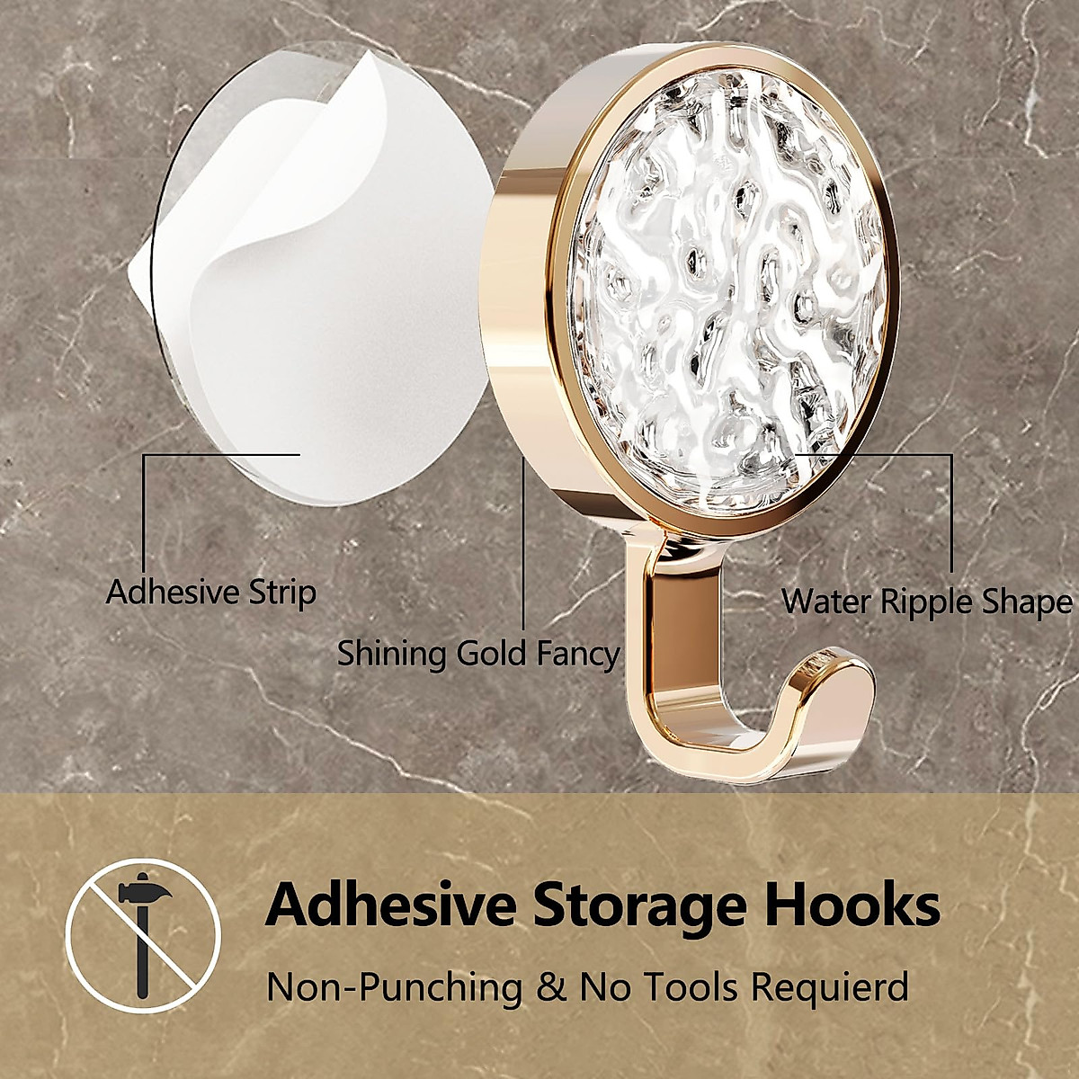 4 Pack Adhesive Wall Hooks for Door,Plastic Gold Hooks for Wall No Damage, Ripple Shaped Towel Hooks, Exquisite Golden Border, Heavy Duty Self Adhesive Hook Used for Home Bathroom Kitchen(Gold)