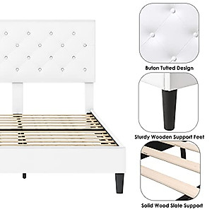 Keyluv Upholstered Platform Bed Frame with Button Tufted Headboard, Faux Leather, Wooden Slats Support, No Box Spring Needed, Easy Assembly, King Size, White