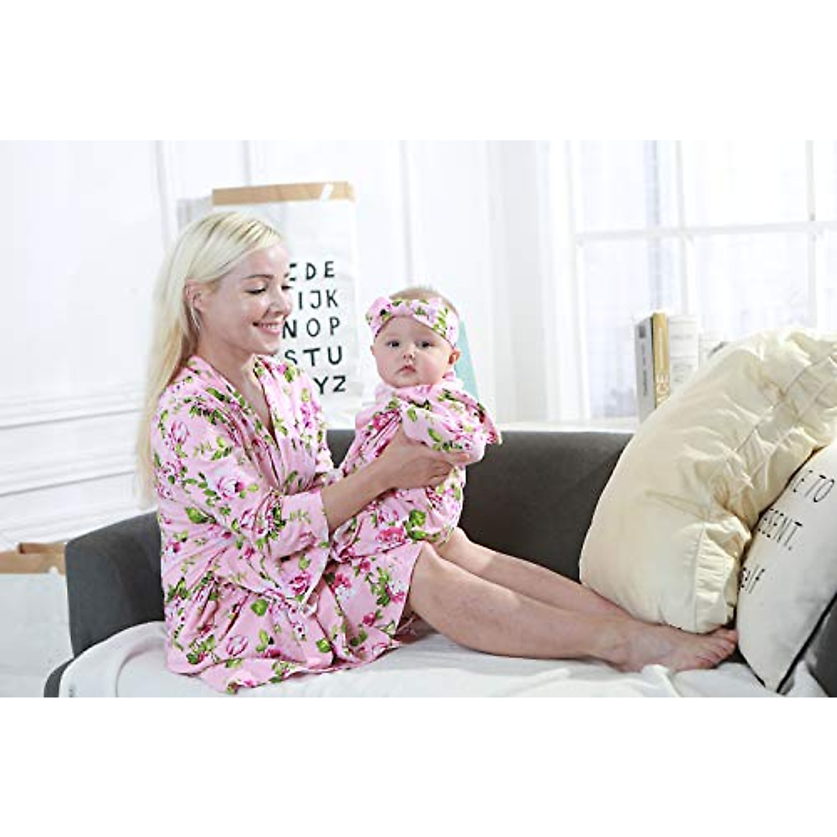 4 Pack Maternity Robe and Matching Baby Swaddle Blanket with Hat Headband Set, Stretchy Knitted Delivery Robe with Pockets and Swaddling Wrap for Mummy and Baby (Pink Flower)