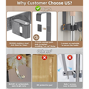 Broom Holder Over The Door 2PCS-304 Stainless Steel Mop and Broom Holder Wall Mounted or Hanging Over The Door with Hooks - Broom Hanger, Tool Organizer for Garage Closet Laundry -Space grey