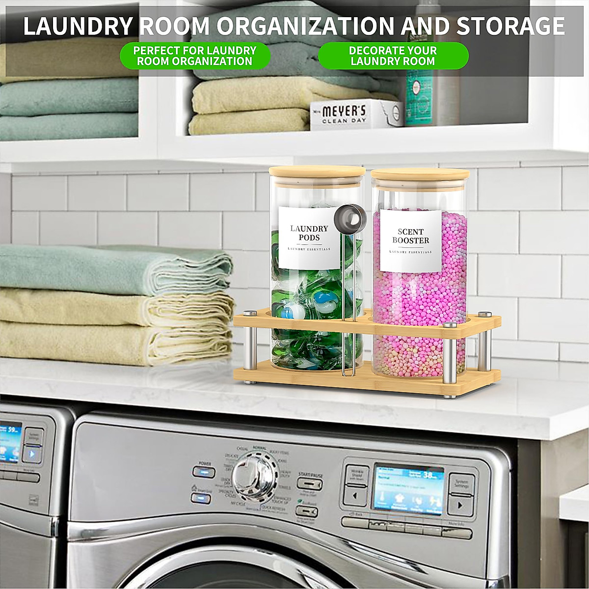 Venuekkuri Laundry Pods Containers for Laundry Room Organization and Storage with Spoons,Tweezer and Labels,Airtight Glass jars Holder Set of 2 for Laundry Detergent, Scent Booster Beads