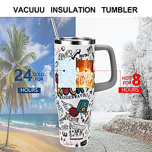 40 oz Insulated Tumbler with Handle, Stainless Steel Straw and silicone sleeves, Leakproof Travel Mug for Water, Iced Tea or Coffee, Insulated Cup Gifts for Women & Men, Music Pattern
