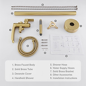 TapLong Waterfall Freestanding Bathtub Faucet Set Single Handle Floor Mount Tub Filler with Hand Shower High Flow Rate Max 6 GPM, Brushed Gold, 51019BG