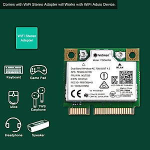 FebSmart Mini PCIE WiFi Adapter with WiFi Stereo Adapter, Wireless-AC 1200Mbps (2.4GHz 300Mbps or 5G 867Mbps), for Windows 7, 8.1, 10, 11(32/64bit) & Linux 4.2+, Wireless-AC 7265HMW