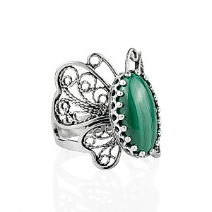 Filigranist Sterling Silver Filigree Art Butterfly Women Cocktail Ring with Gemstones (Malachite, 9)