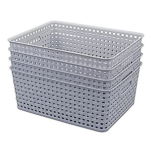 Doryh 4 Packs Plastic Weave Storage Basket Bin, Grey, 6.5 Quart