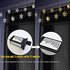 Christmas Snowflake Lights，13.9ft 192 LED Warm White & White Color Changing Snowflake Icicle Lights with 16 Drops，11 Modes Christmas Fairy Lights for Christmas Garden Patio Eave Roof Wall Decorations
