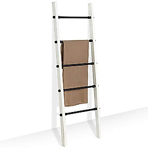 MyGift 5-ft Vintage White Wood Leaning Quilt and Blanket Ladder with Metal Pipe Rungs, Bathroom Towel Storage Rack with 5 Hanging Bars