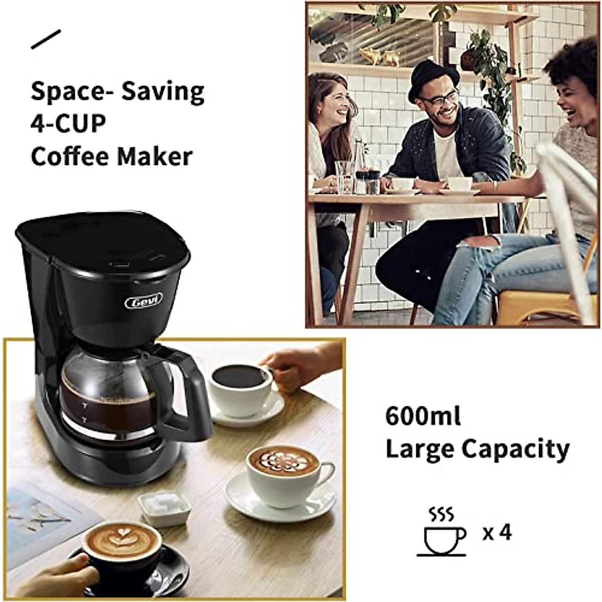 Gevi 4 Cups Small Coffee Maker, Compact Coffee Machine with Reusable Filter, Warming Plate and Coffee Pot for Home and Office