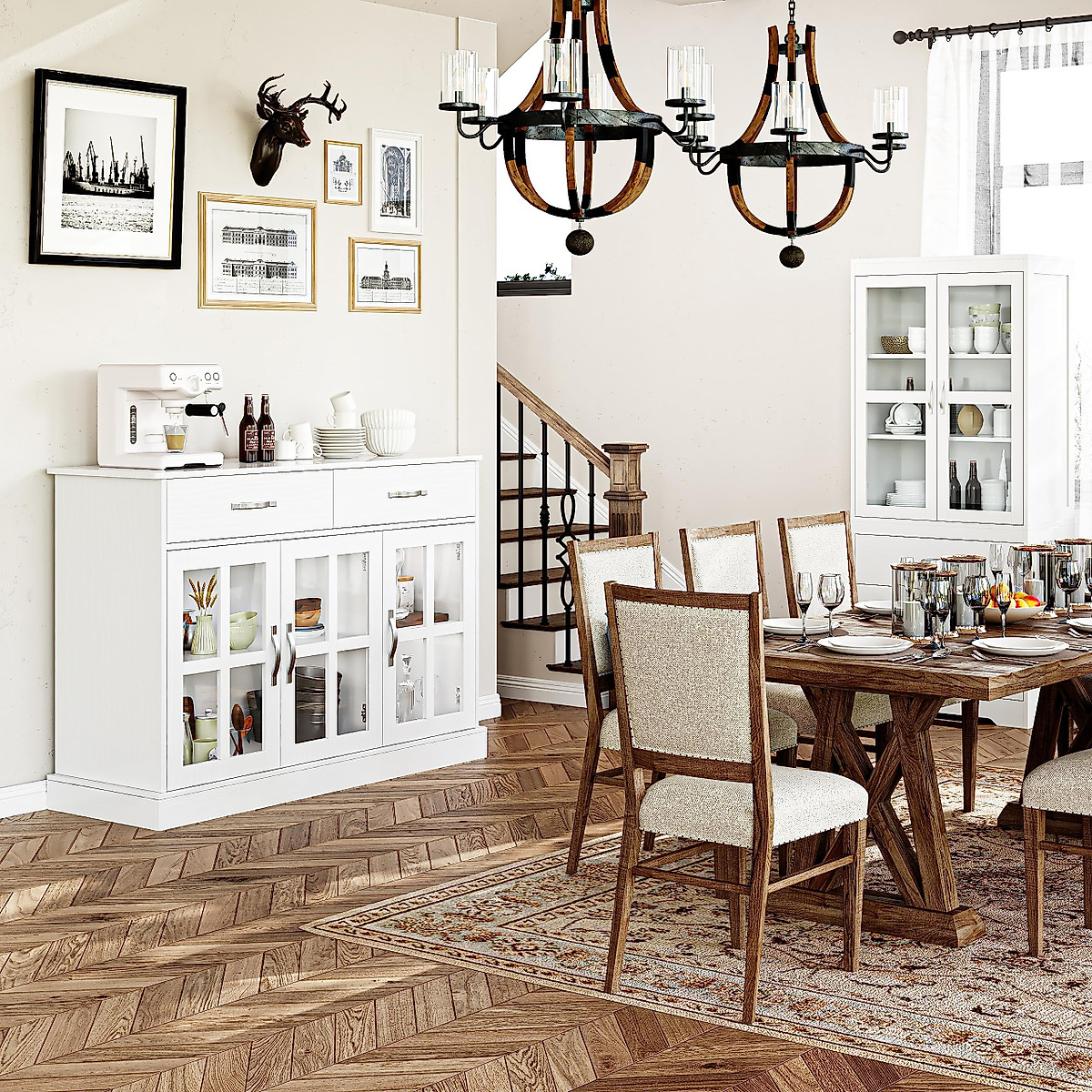 FOTOSOK Sideboard Buffet Cabinet with Glass Doors, Buffet Sideboard Kitchen Sideboard Cabinet Buffet Table with 2 Storage Drawers & Shelves for Dining Living Room, White