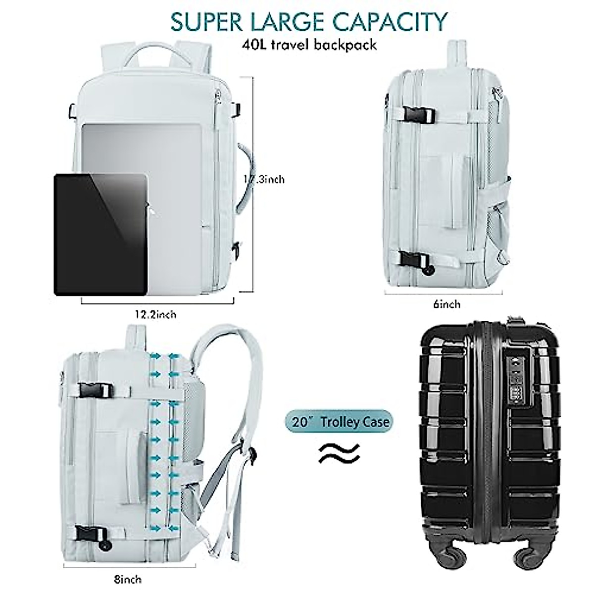 Beraliy Large Travel Backpack, Carry On Backpack, Women Airline Flight Approved luggage,17'' Laptop Backpack, 40L Outdoor Sports Business Hiking Overnight Backpack, Light-blue