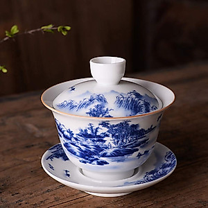 Jingdezhen Chinese Gaiwan Handmade 6.3oz/180ml Mountain Style China Blue and White Porcelain Gaiwan Kungfu Teacup Traditional Chinese Teaware Tea Set