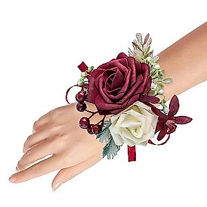 Saiiwnn 2pcs Wrist Corsage Women Bride Bridesmaid Hand Flower Wristlet Band Bracelet for Wedding Party Prom Artificial Flower Accessories Decorations (Burgundy)