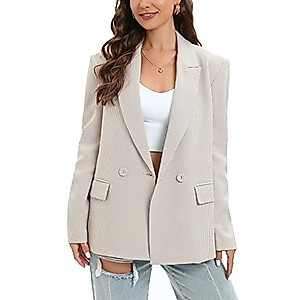 TRNY Women's Houndstooth Blazer Oversized Double-Breasted Suit Blazer Jacket Long Sleeve Casual Boyfriend Style Work Office Blazer with Pockets Mini Beige Houndstooth
