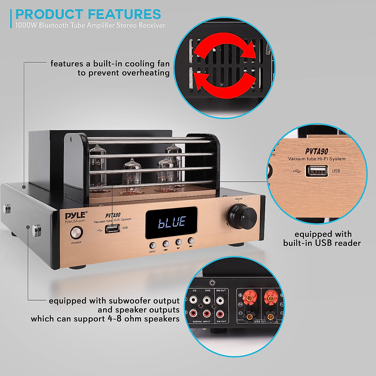 Pyle Bluetooth Tube Amplifier Stereo Receiver - 1000W Home Audio Desktop Stereo Vacuum Hi-Fi Power Amplifier Receiver w/ 4 Vacuum Tubes, USB/CD/DVD Input, Optical/Coaxial, Subwoofer Output - PVTA90