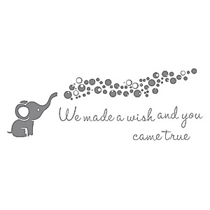 Home Nursery Room Wall Decor Sticker Baby Elephant Blowing Bubble Wall Sticker Vinyl Wall Decal Quotes We Made a Wish and You Came True Kids Bedroom Wall Mural AFN100 (Gray)