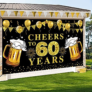 Large Cheers to 60 Years Banner Backdrop, Black Gold Happy 60th Birthday Decorations, 60 Anniversary Photo Background Poster Sign Party Supplies(72.8 x 43.3 inch)