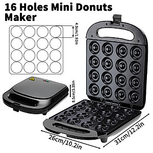 Mini Donut Maker, Mini pancakes maker Machine, Bake 16 Mini Doughnuts, Non-stick Surface, cake machine, Double-sided heating, Perfect for Breakfast, Snacks, Desserts & More