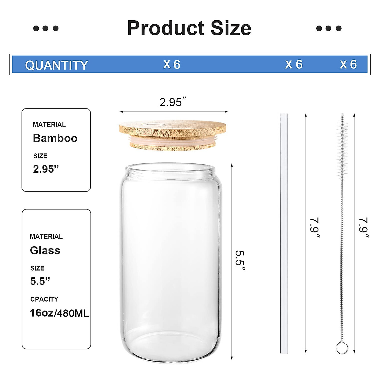 JMScape Clear Sublimation Glass Cups Blanks with Bamboo Lid and Straw 6pcs Set, 16oz Sublimation Glass Tumbler, Sublimation Beer Can Glass for Iced Coffee Soda Drinks