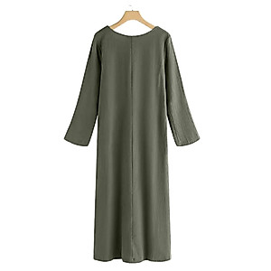 A Line Summer Dresses for Women 2023 Women Long Sleeve O Neck Solid Literary Retro Casual Dress with Pockets Army Green