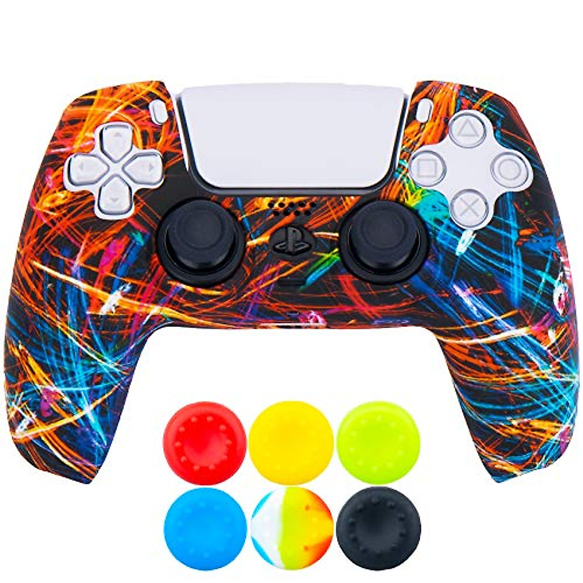 9CDeer 1 Piece of Silicone Transfer Print Protective Thick Cover Skin + 6 Thumb Grips for Playstation 5 / PS5 Controller Black Stream